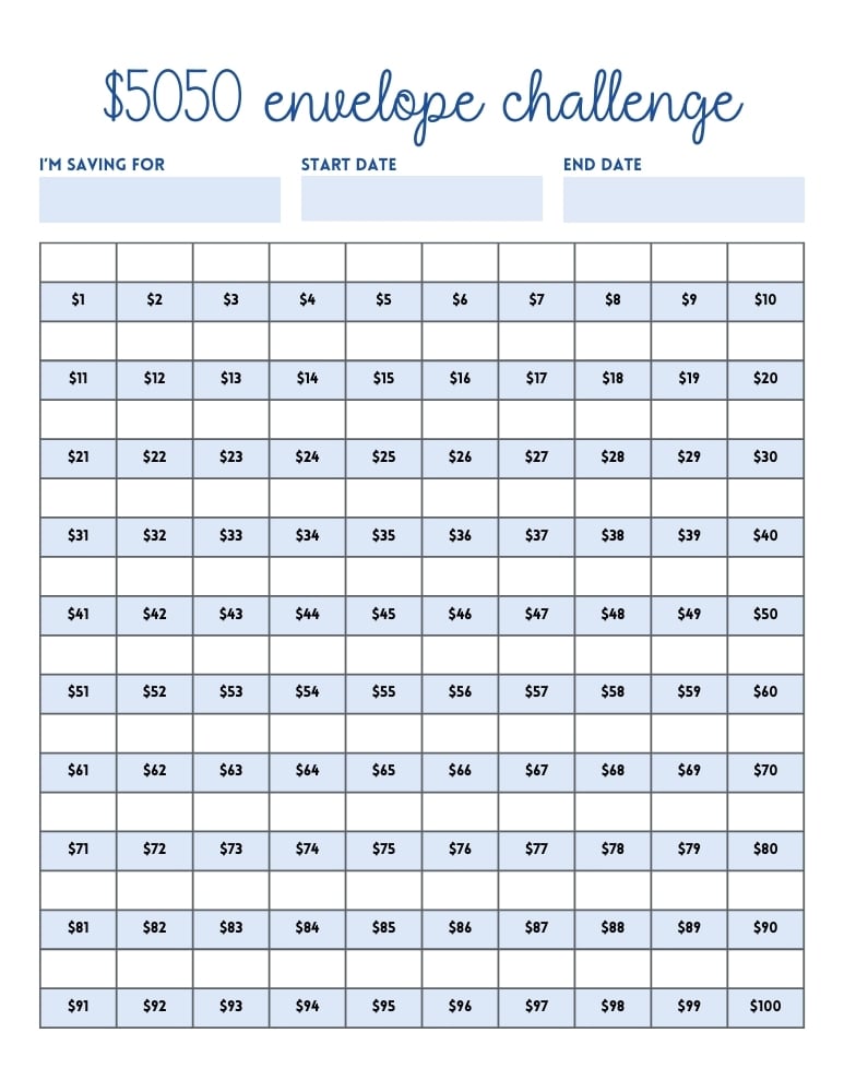 Free Printable 100 Envelope Challenge