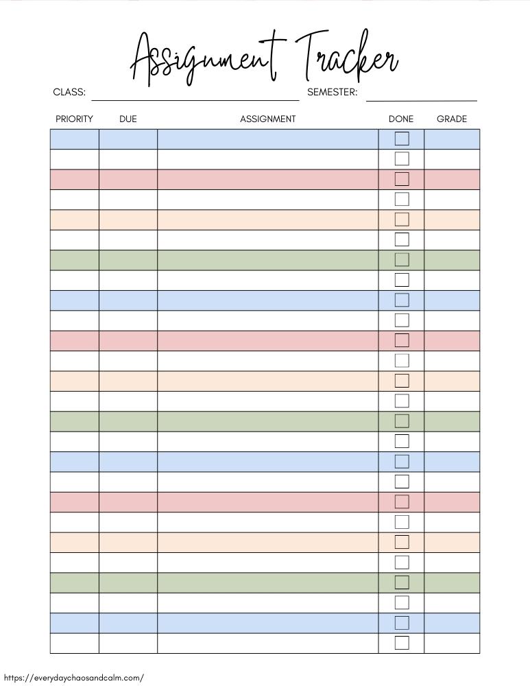 Free Printable Assignment Trackers For Students