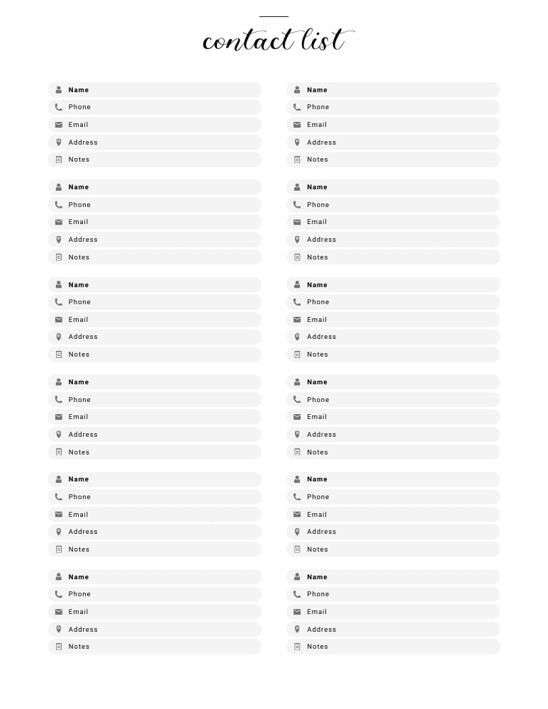 Printable Contact List Templates