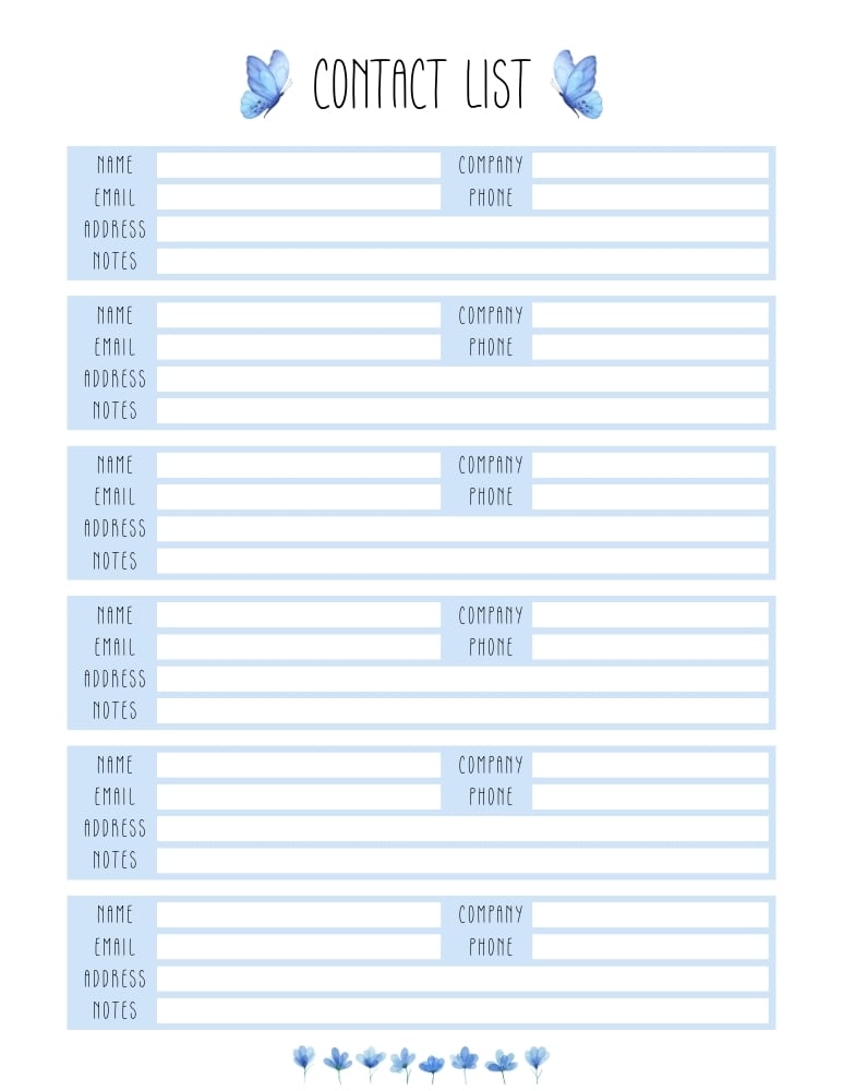 Printable Contact List Templates