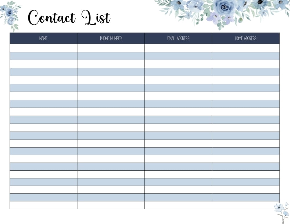 Printable Contact List Templates