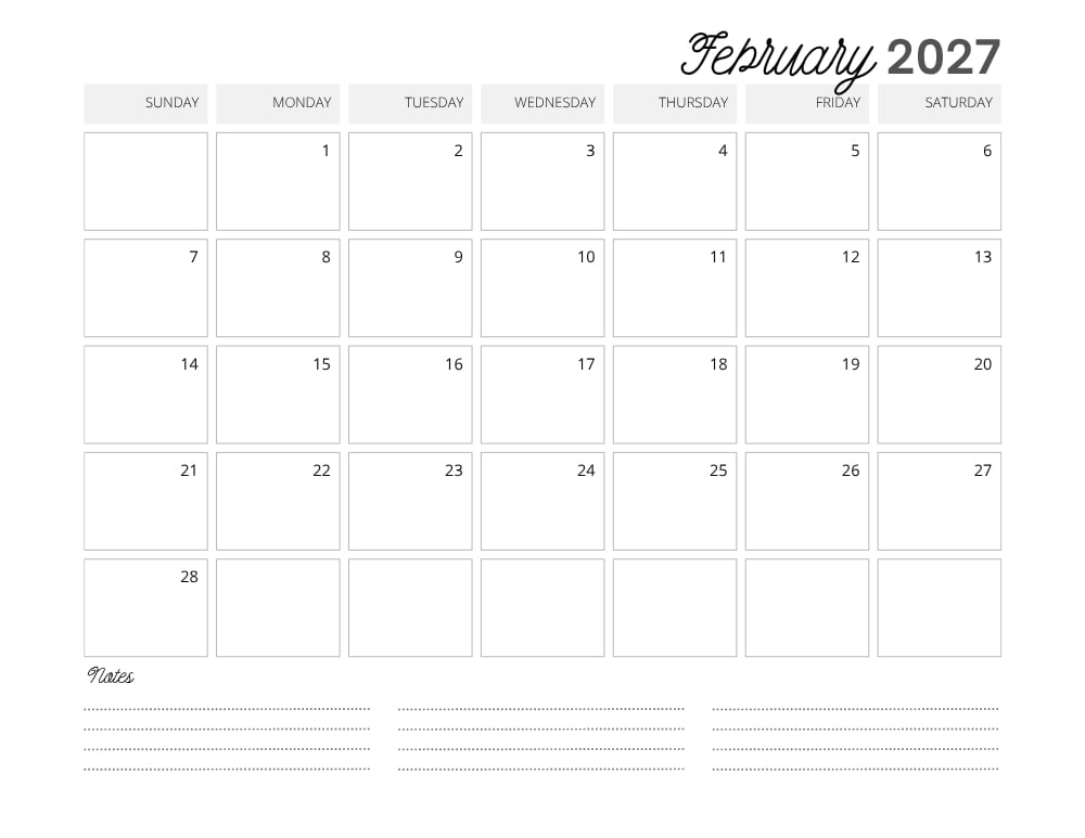 Printable February 2027 Calendars