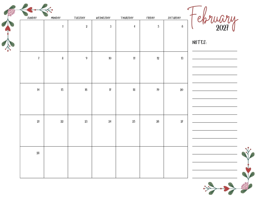 Printable February 2027 Calendars
