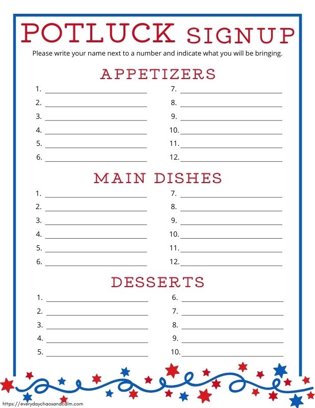 7 Free Printable 4th Of July Potluck Sign Up Sheets