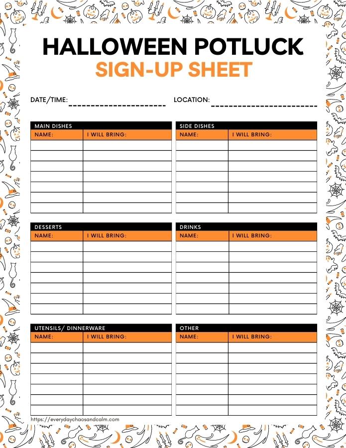 Free Printable Halloween Potluck Sign Up Sheets