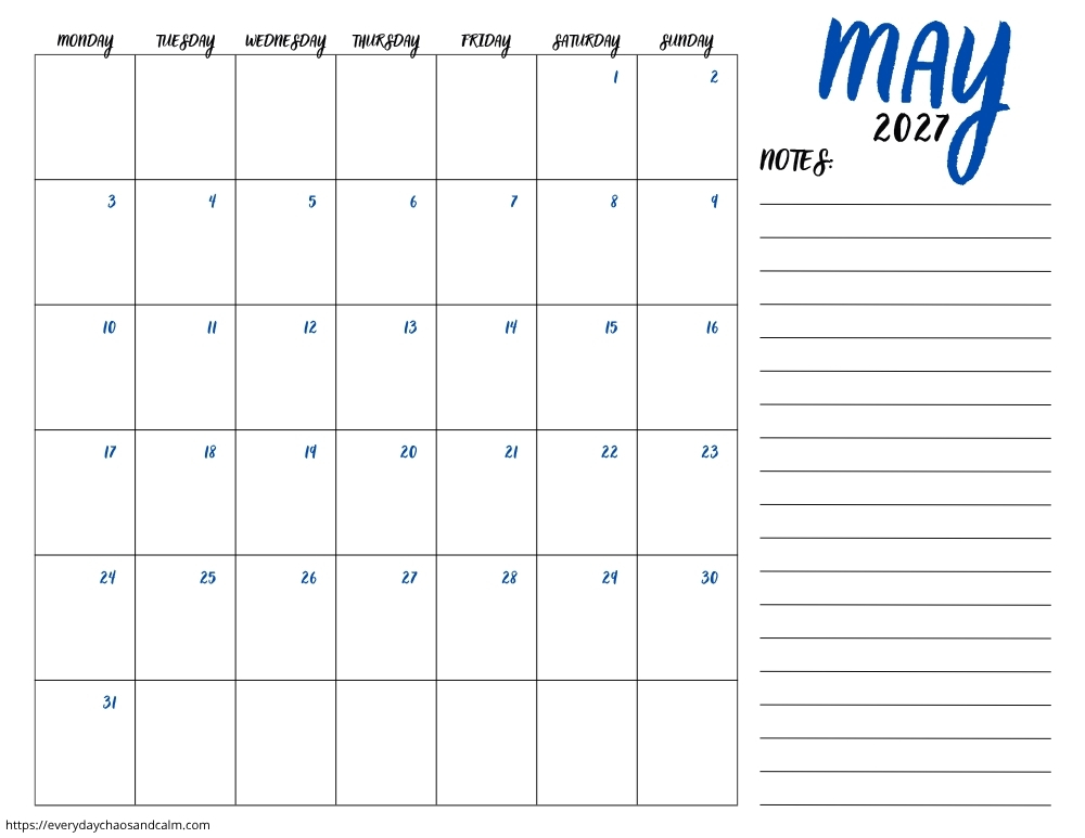Printable May 2027 Calendars